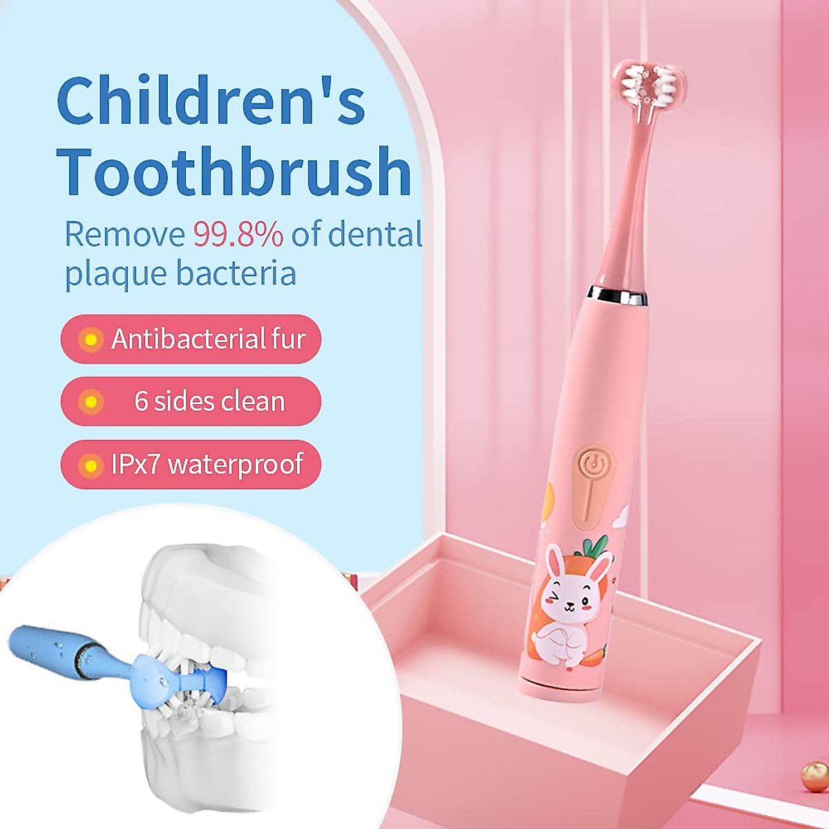LEYUYO Electric Toothbrush for Kids 6 Sided 360° Sonic Cleaning 31000 Strokes Rechargeable 3D Sonic Tooth Brush with Timer, 2 Bristles, 4 Modes, Pink