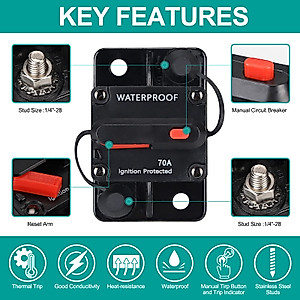 70 Amp Waterproof Circuit Breaker,with Manual Reset,12V-48V DC, for Car Marine Trolling Motors Boat ATV Manual Power Protect and Automotive Marine Boat Audio System Protection