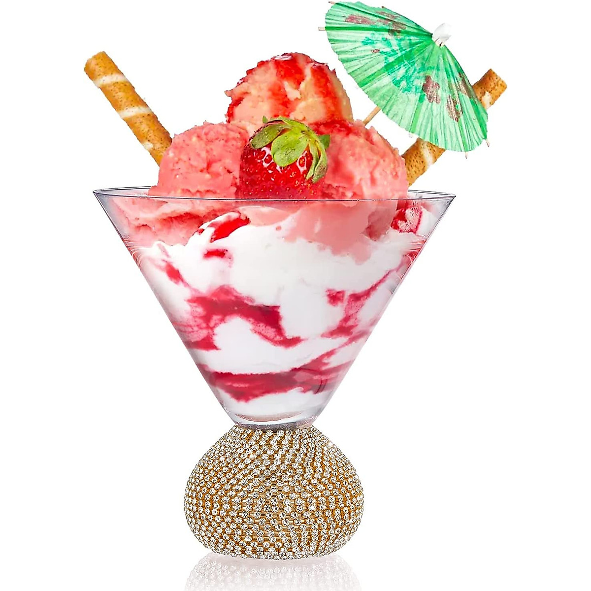 Youeon 11 Oz Stemless Martini Glasses Set of 2, Crystal Cocktail Glasses with Rhinestone Ball Base, Gold Wine Glasses for Bar, Martini, Margarita, Manhattan, Mixed Drinks, Desserts