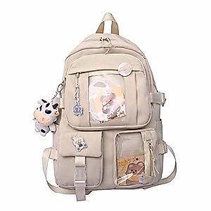 YOUNE Kawaii Backpack, with Kawaii Pin and Cute Accessories Backpack Cute Aesthetic Backpack for School Capacity Rucksack, Beige