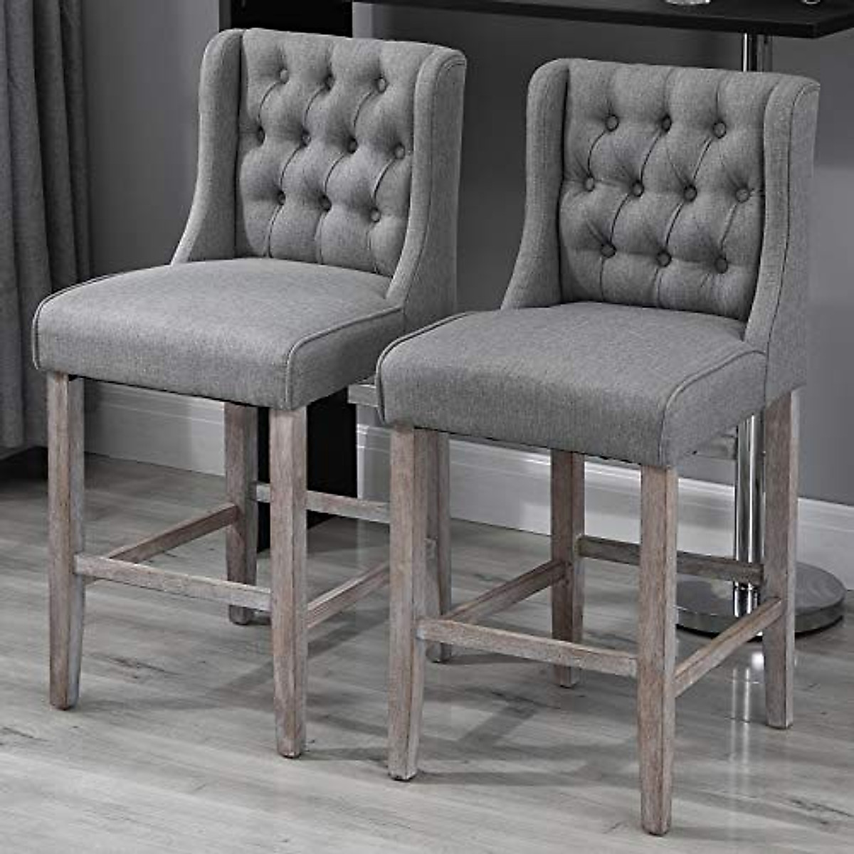 HOMCOM 26.25" Counter Height Bar Stools Set of 2, Tufted Wingback Armless Upholstered Dining Chair with Rubber Wood Legs, Grey