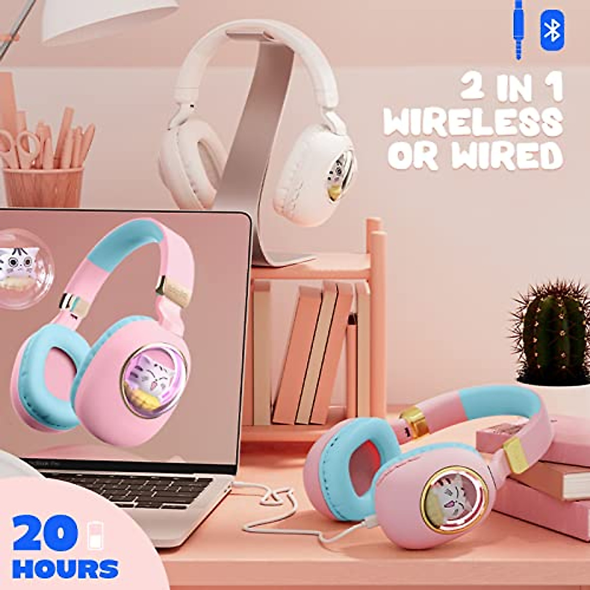 QearFun 7 Colors LED Light Up 3D Cat Headphones Bluetooth, Foldable Cat Ear Wireless On Ear Earphones Gaming Headset with Mic & 3.5mm Jack, Gifts for Kids/Teen Girls/Cat Lover/iPad/Tablet（Pink）