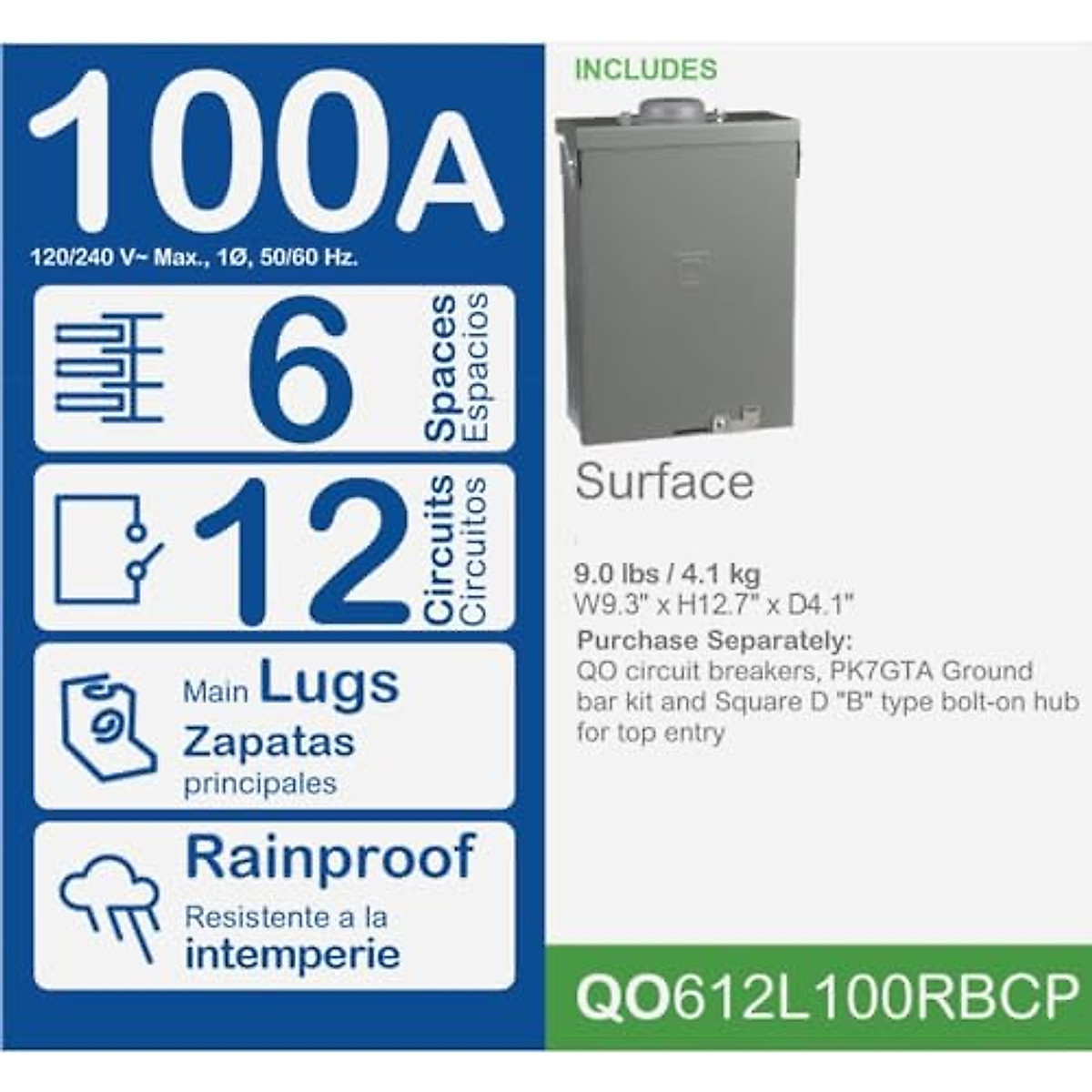 Square D - QO612L100RBCP QO 100 Amp 6-Space 12-Circuit Outdoor Main Lugs Load Center with Cover