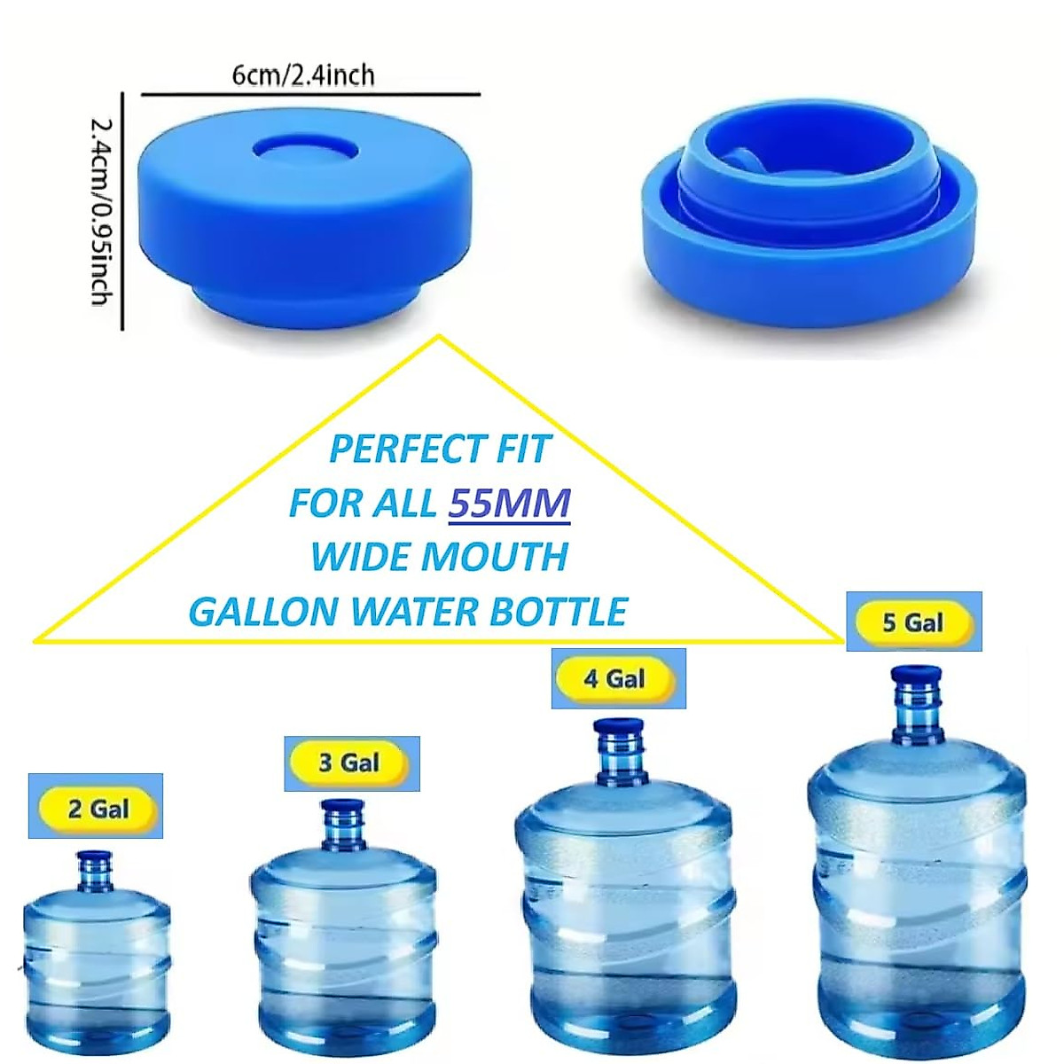 Unique Lot 4pcs 3 & 5 Gallon Water Jug Cap, Reusable 5 Gallon Water Jug Cover for Standard/Screw Tops, Silicone Leak Proof Lids for 55mm Bottles, Water Jug Lid {Blue}