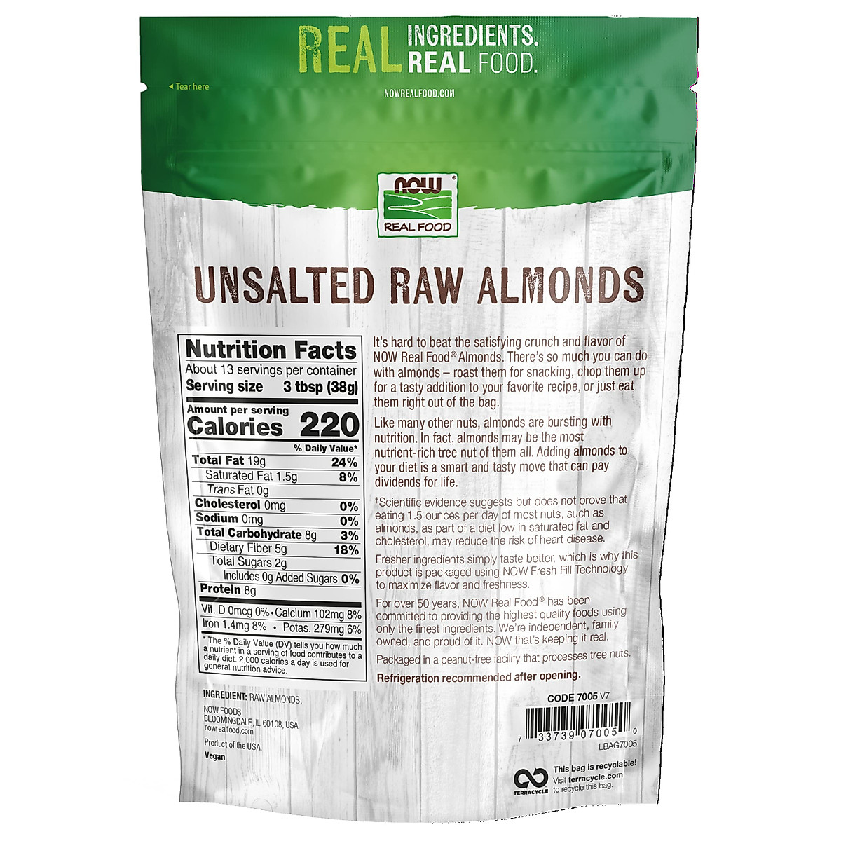 NOW Foods, Almonds, Raw and Unsalted, Source of Protein, Grown in the USA, 16-Ounce (Packaging May Vary) (Pack of 2)