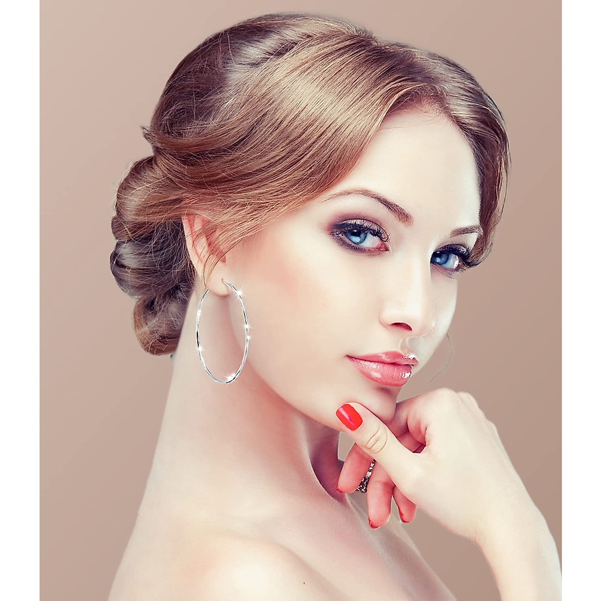 Hoop Earrings 925 Sterling Silver Post for Women 18K White Gold Plated Lightweight Hypoallergenic Diamond Cut Textured Round Hoop Earrings Thin Large Hoops Loop Earrings Size 50mm