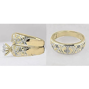 Dazzlingrock Collection 0.14 Carat Marquise & Round White Diamond Intricate Cross Design Trio Ring Set in 14K Yellow Gold, Women size 10 and Mens size 10