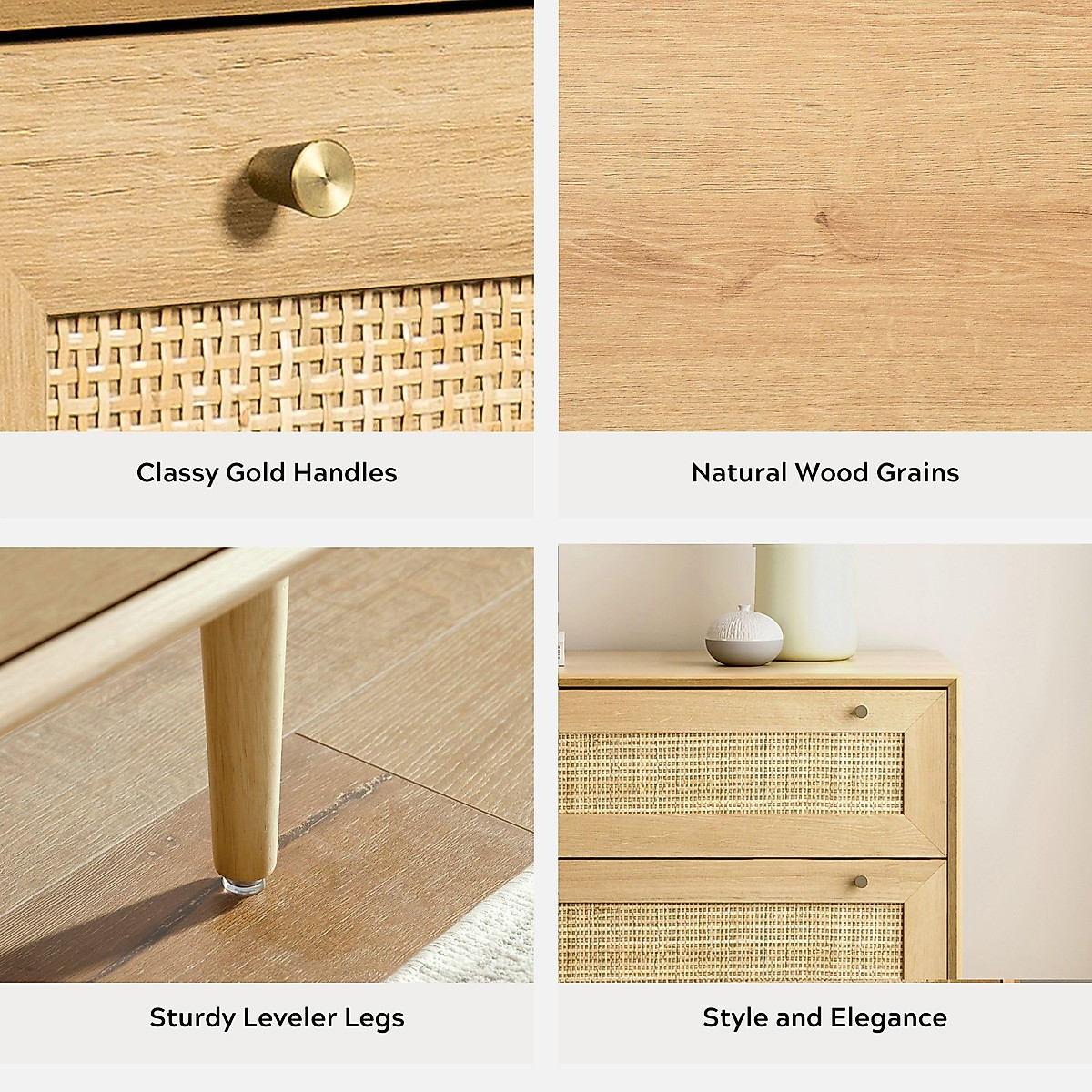 EYYTHUNG 3 Drawer Dresser for Bedroom, Rattan Modern Dresser Wood Chest of Drawers with Metal Handles,Boho Wood Storage Cabinets Corner Bedside Table for Bedroom, Living Room, Entryway, Hallway