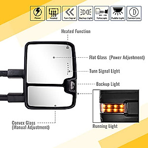 Towing Mirrors for 2009-2018 Dodge Ram 1500 2500 3500 with Power Glass Heated Turn Signal Light Backup Light Running Light Puddle Lamp Extendable Temp Sensor Pair Set (Smoke Lens)
