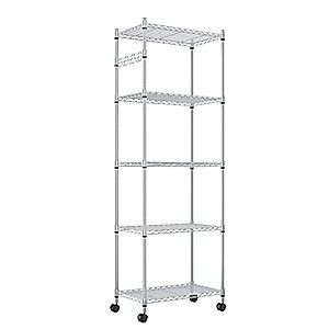 Devo 5-Tier Shelf Shelves for Storage, Wire Shelving Storage Racks, Heavy Duty Shelving, Adjustable Metal Shelf for Garage, Pantry, Kitchen, Side Hooks, Silver(14" D x 24" W x 71" H)