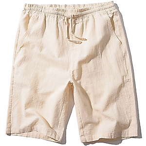 SIR7 Men's Linen Casual Classic Fit 11 Inch Inseam Elastic Waist Shorts with Drawstring Beige X-Large