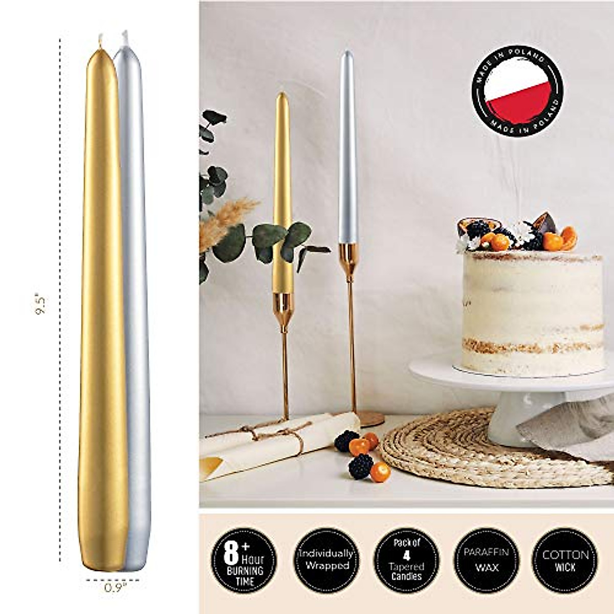 SPAAS Gold Taper Candles, Set of 4 | 9" Tall Unscented Metallic Taper Candles - 8 Hour Long Burning | Individually Wrapped, Unscented Taper Candles for Home D�cor, Wedding, Holiday, and Parties