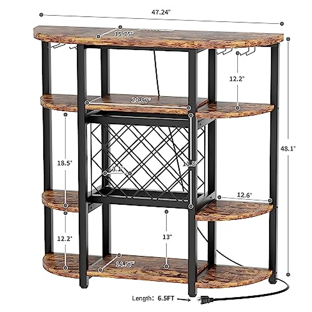 Unikito Wine Rack Freestanding Floor with Oulet and Two LED lights, 4 Tier Industrial Wine Bar Cabinet with Display Shelf, Bar Stand For Liquor, Wine Stand For Kitchen Dining Living Room, Rustic Brown