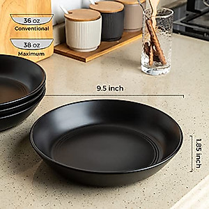 AmorArc 9.5'' Stoneware Pasta Bowls, 38oz Large Wide Salad Serving Bowls Set of 4 for Pasta Salad Snacks Bread Meal, Microwave Safe Flat bowls for Kitchen, Matte Black