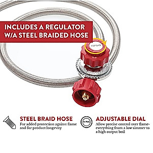 GasOne Propane Single Burner Camp Stove with High Temp Paint & Red QCC Steel Braided Regulator with Height Adjustable Leg