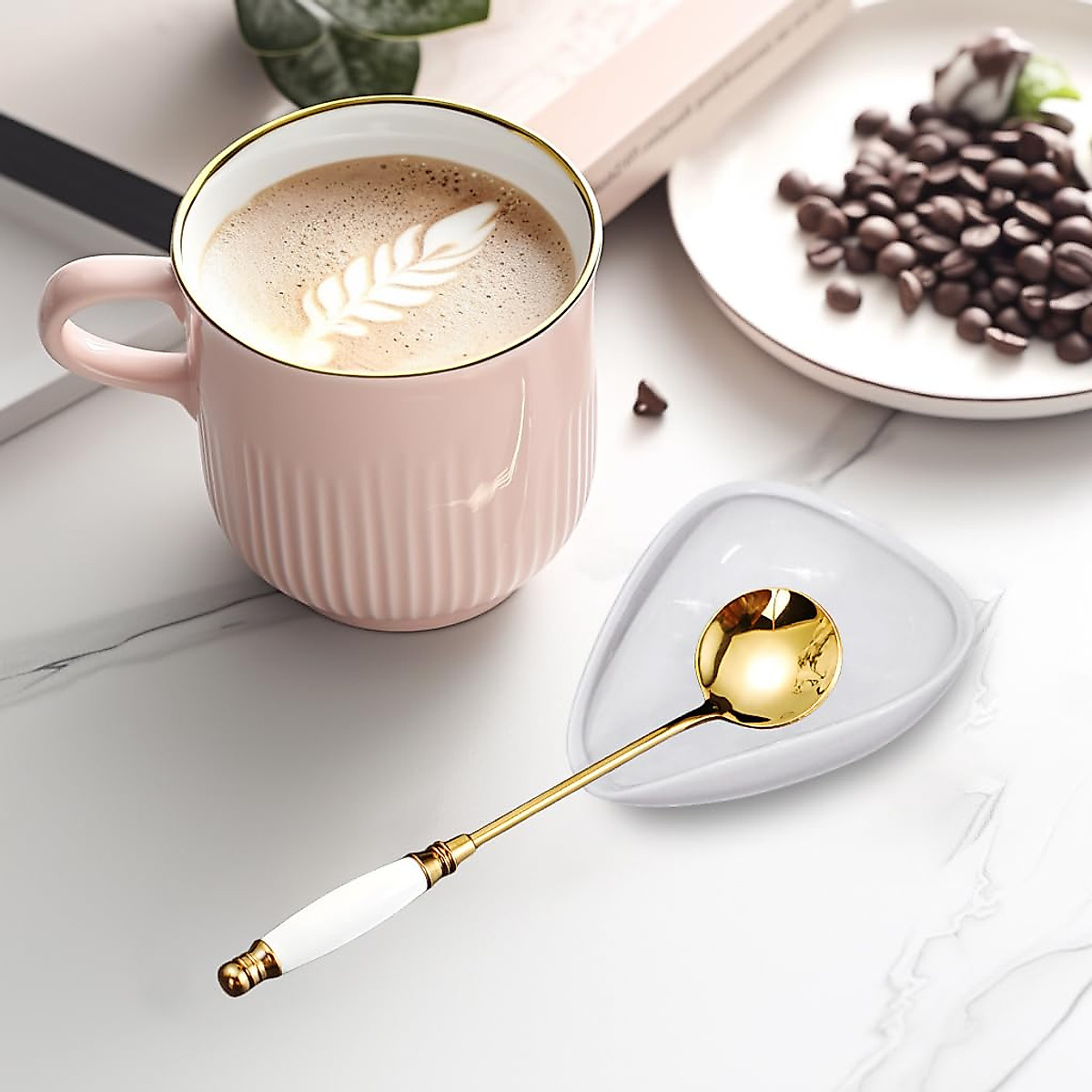 Coffee Spoon Rest with spoon,Mini Coffee Spoon Holder,Small Ceramic Spoon Rest for Coffee Stirrers,Teaspoon,Bar Spoon,Coffee Bar Accessories,(ceramic Coffee Spoon Rest & White Handle Gold Round Spoon)