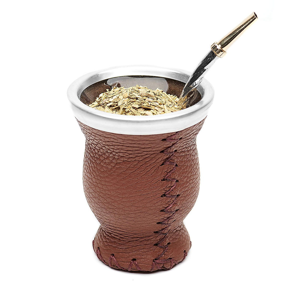 BALIBETOV [New Leather & Glass Yerba Mate Gourd Set (Mate Cup) with Yerba Mate Bombilla (Straw) (Brown)