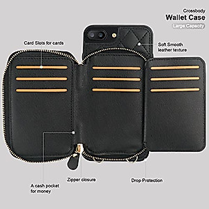 Bocasal Crossbody Wallet Case for iPhone 7/8 Plus, RFID Blocking PU Leather Zipper Handbag Purse Flip Cover, Kickstand Folio Case with Card Slots Holder Wrist Strap Lanyard 5.5 Inch (Black)