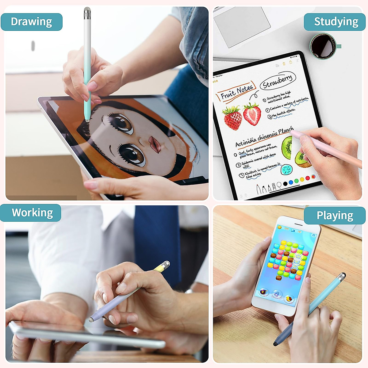 OJIOG Stylus Pens for Touch Screens (4Pcs), 2 in 1 Universal Stylus Pen for iPad, High Sensitivity & Precision Stylus with Double Fiber Tips, Compatible with iPad/iPhone (Mixed Four Colors)
