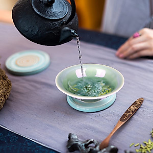 DOITOOL Chinese Sake cup Ceramic Sake Tea Cup Cyan Clay Creative Embossed Celadon Tea Cup Porcelain Bowl, Color Change, Plant Pattern Tableware Wide Mouth Tea Bowl(Random Embossed Pattern)