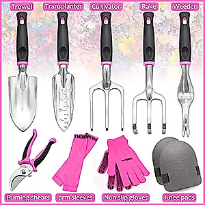 THINKWORK Pink Garden Tools, Gardening Gifts for Women, with 2 in 1 Detachable Storage Bag, Trowel, Transplanter, Rake, Weeder, Cultivator, Purning Shears and 3 Additional Protection Tools