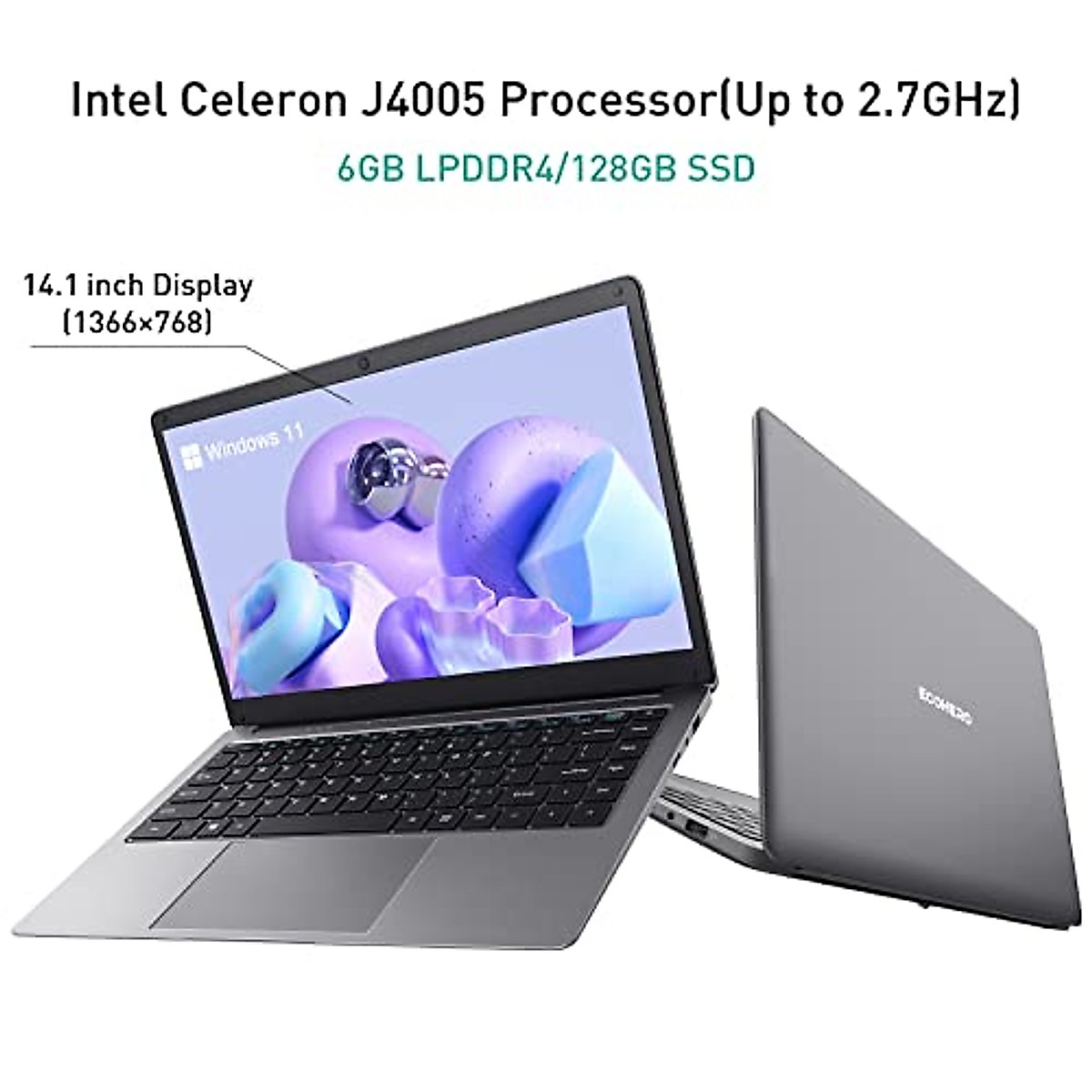 ECOHERO Newest 2023 Windows 11 Laptop, 6GB RAM 128GB SSD Storage, 14.1-inch HD Display, Intel Celeron J4005 Dual-Core Processor Up to 2.7GHz, Ultra Slim Laptops Computers, Webcam, 2.4G WiFi and BT4.0