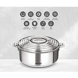Milton Casserole for hot food, insulated stainless steel hot pot with lid, 84 oz (2500 ml) 2.6 qt, Serving box (bowl, dish) for food and roti Galaxia 2500 Food Warmer Cooler, Silver