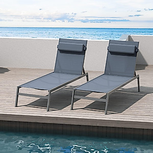 Domi Patio 3 Pieces Textilene Chaise Lounge Set with Side Table Outdoor,Adjustable Back&Pillow for Yard,Garden,Sunbathing,for All Seasons,Grey