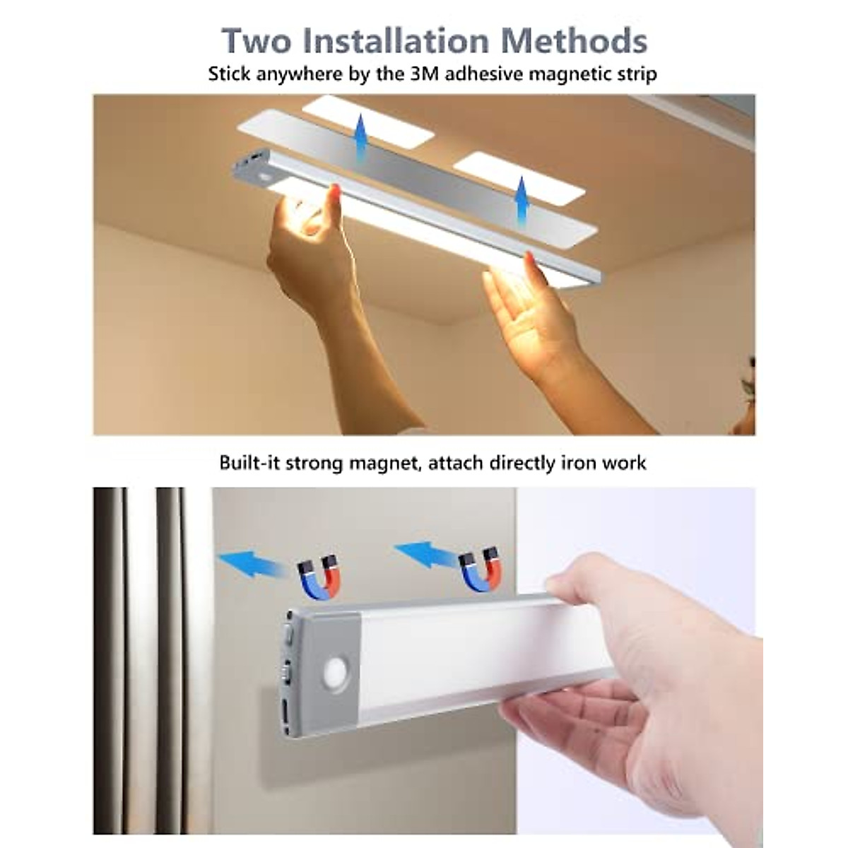 3 Color Temperatures Motion Sensor Closet Light, 60-LED Under Cabinet Lighting, Wireless USB Rechargeable Battery Powered Operated Lights, Magnetic Motion Activated Kitchen Cupboard Night Light-2 Pack