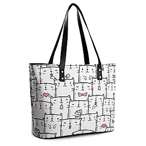 Womens Handbag Cats Doodles Pattern Leather Tote Bag Top Handle Satchel Bags For Lady