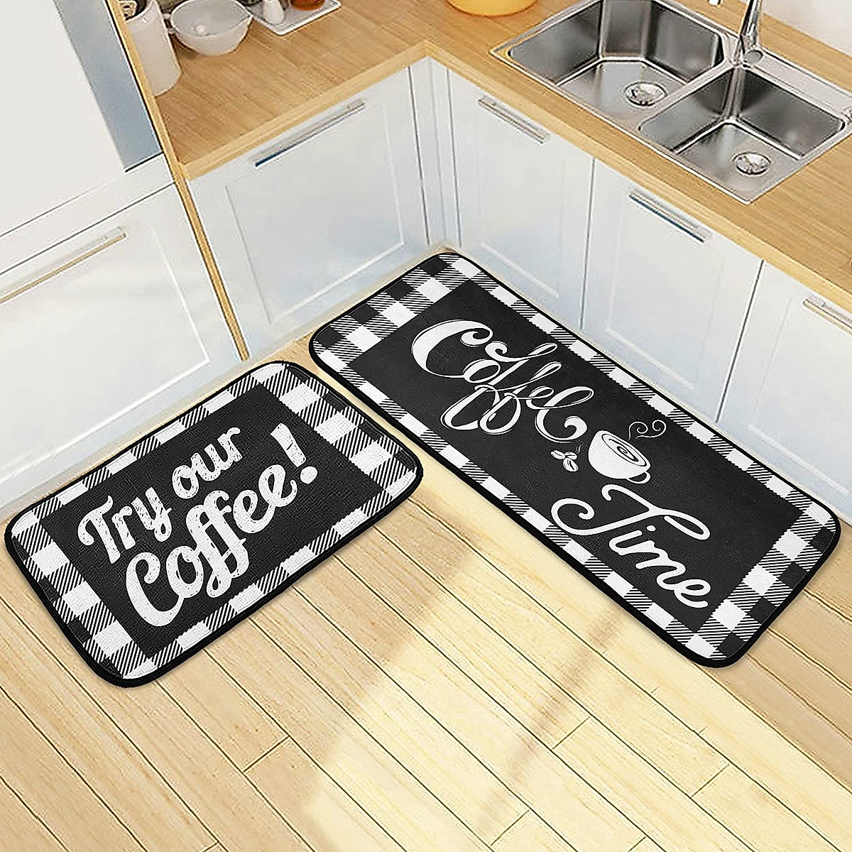 Buffalo Plaid Checked Coffee Time Kitchen Mat Set of 2 Anti-Fatigue Kitchen Rug Set Non Slip Washable Cushioned Memory Foam Kitchen Runner Rugs and Mats Comfort Mat for Farmhouse Doormat Bathroom