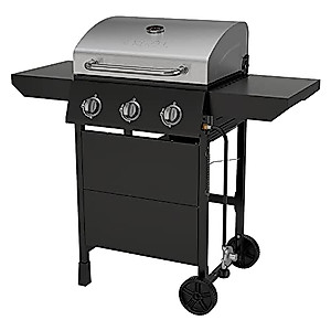 Nexgrill Premium 3 Burner Propane Barbecue Gas Grill, Side Table Open Chart with Wheels, Outdoor Cooking, Patio, Garden Barbecue Grill, 27000 BTUs, Black and Silver