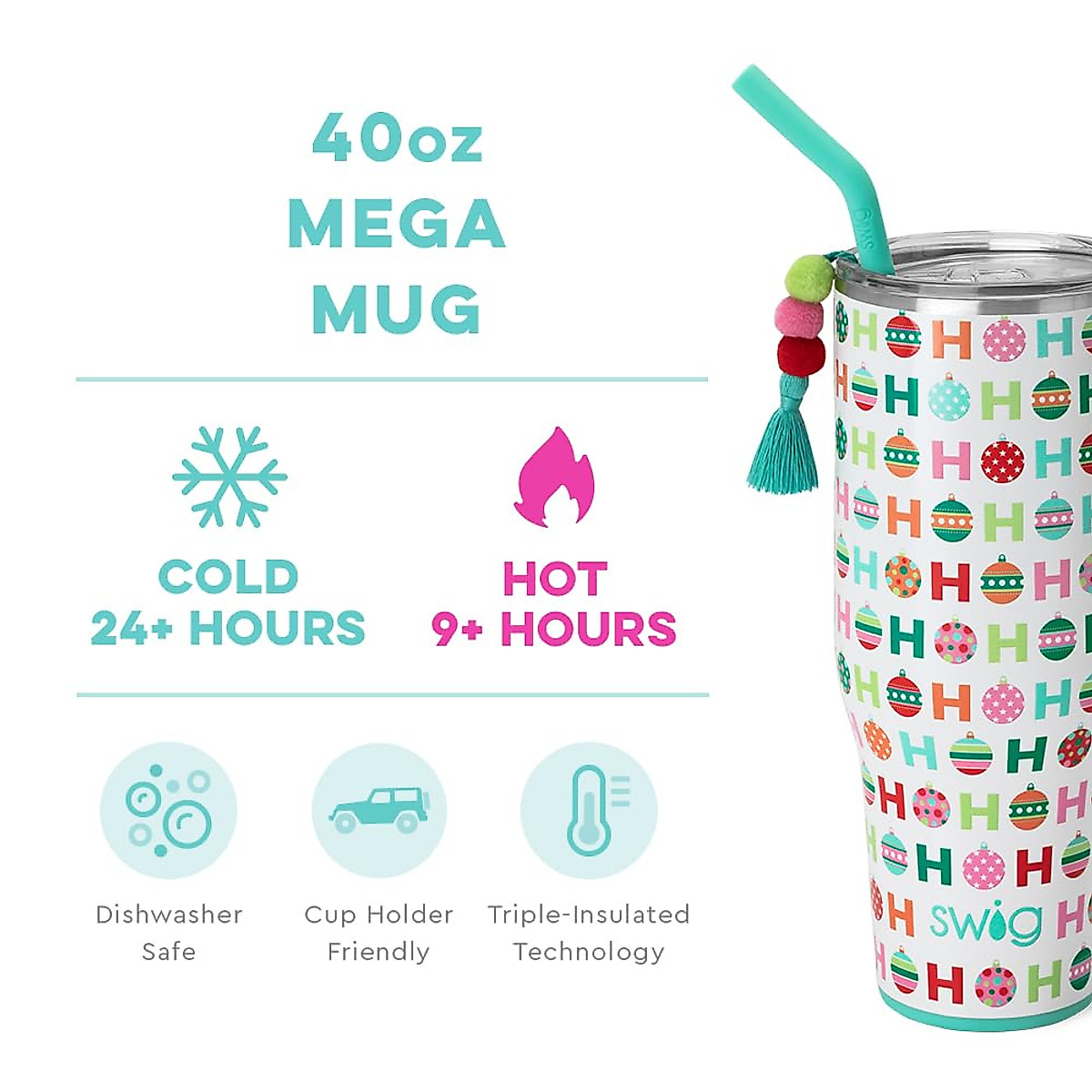 Swig Life 40oz Mega Mug |Discontinued Prints | Extra Large Insulated Tumbler with Handle and Straw, Cup Holder Friendly, Dishwasher Safe, Stainless Steel Travel Mugs (HoHoHo)
