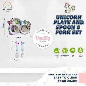 ARI MES Unicorn Shaped Plate and Spoon & Fork Set Divided Plate BPA Free Eco-Friendly Dinnerware Toddler Child Children Kids Meal Plate Feeding Picky Eater Girls (Unicorn Plate + Spoon & Fork)