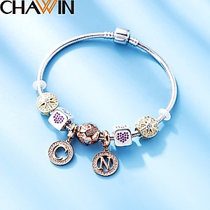 CHAWIN Initial C Letter Charms, Alphabet Charms Rose Gold, Authentic 925 Sterling Silver Charms fit Pandora Charm Bracelets, Necklace, Circle Dangle Charm Gift for Women, Sparkling Clear Stones