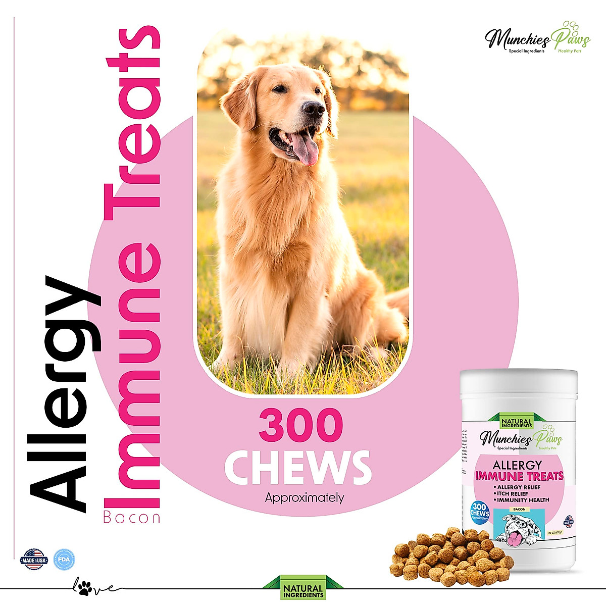 Munchies Paws Dog Treats Omega 3 Made in USA Immune Supplement 300 Count (Bacon)