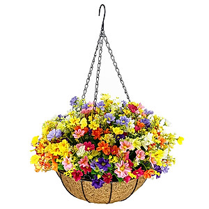 Lesrant 12inch Autumn Artificial Flower Hanging Basket,Artificial Hanging Plants Outdoors Fake Flowers Silk Daisy Hanging Flower Basket for Outside Porch Patio Garden Decoration