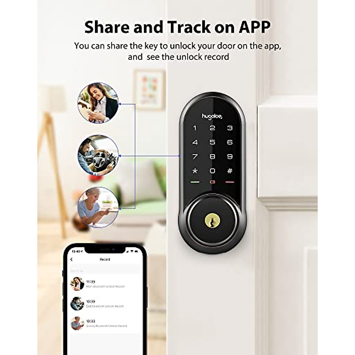 Hugolog Smart Lock,Keyless Entry Door Lock,Keypad Smart Door Lock,Smart Deadbolt Lock,Electronic Door Lock with Keyless Deadbolt,Bluetooth Digital Door Lock for Home,Airbnb,Garage