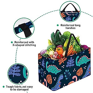KQNZT Reusable Grocery Bags, Heavy Duty Reusable Shopping Bags, Large Tote Bags with Long Handles and Reinforced Bottom, Dinosaur Leaves Cartoon