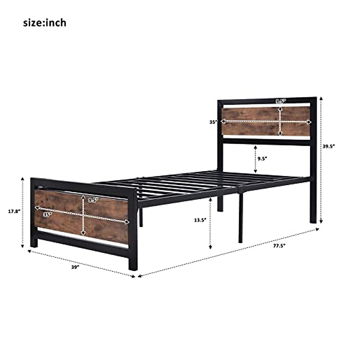 Metal Twin Bed Frame with Headboard, Bed Frame for Men Black Metal Bed Frame with Headboard and Footboard No Box Spring Needed 77.5 Inch