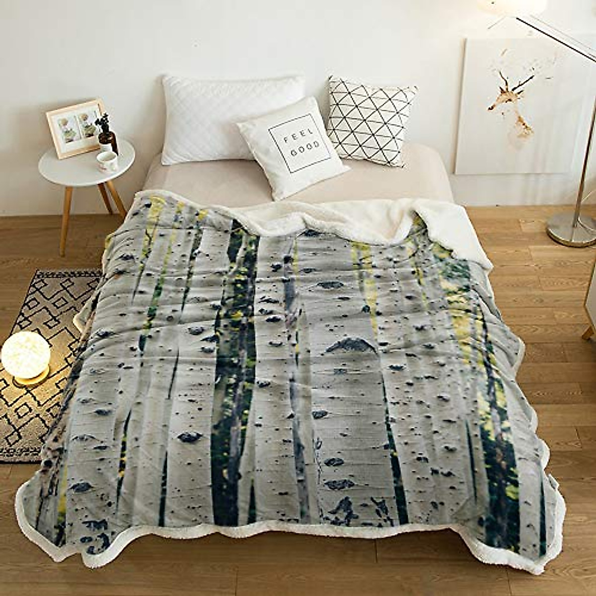 Plush Sherpa Fleece Throw Blanket Birch Trees Mottled Trunk Wilt Twigs Leaves Deciduous Woodland Warm Cozy Blanket,Soft Fuzzy Reversible Lightweight Blanket for Couch,Sofa and Bed 50x60 inch