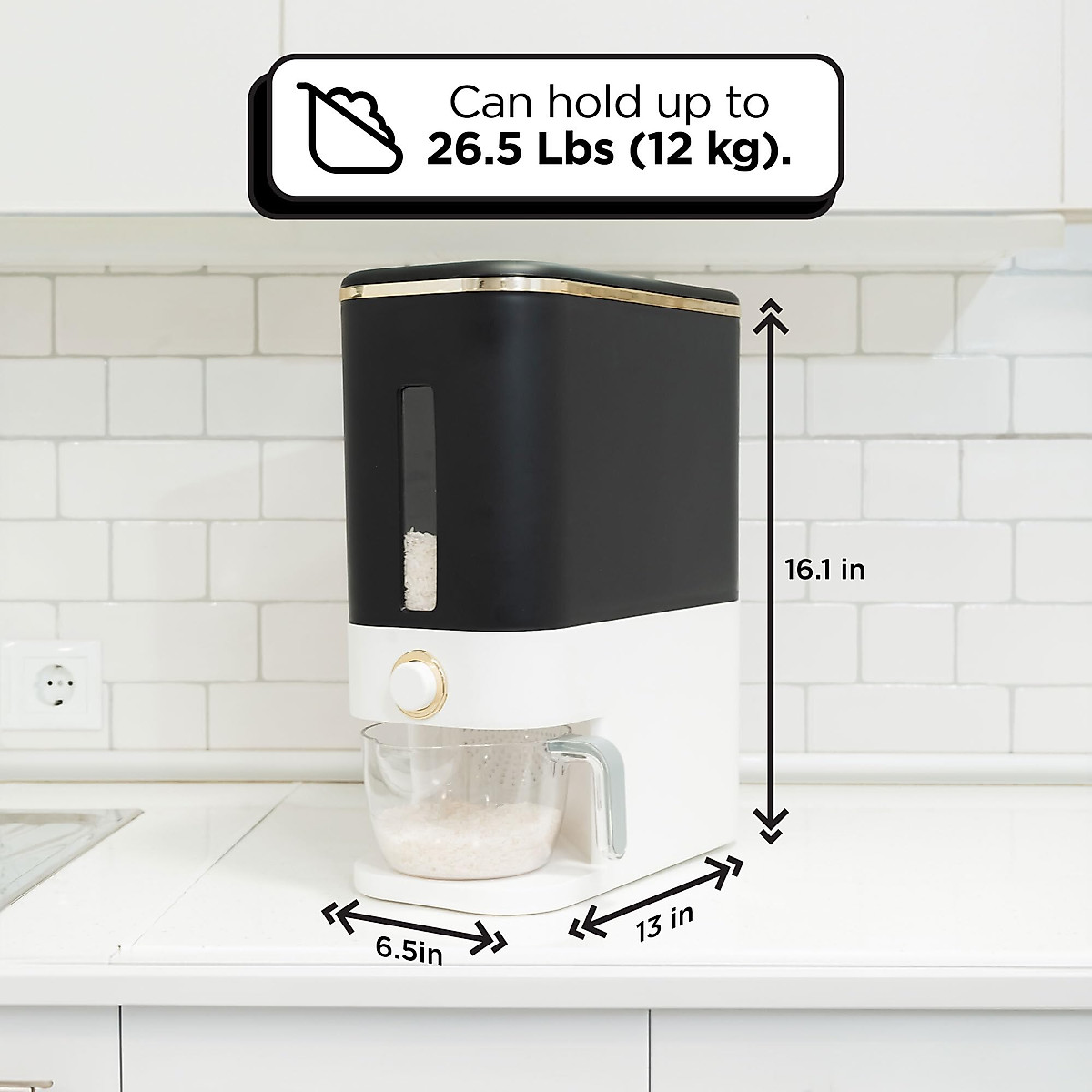 Dizpent 26.4 Lbs Rice Dispenser Countertop With Measuring Cup, Sealed Rice Storage Container, Moisture-proof Rice Container For Fresh Grains In Your Kitchen Pantry Bpa-free Grain Dispenser