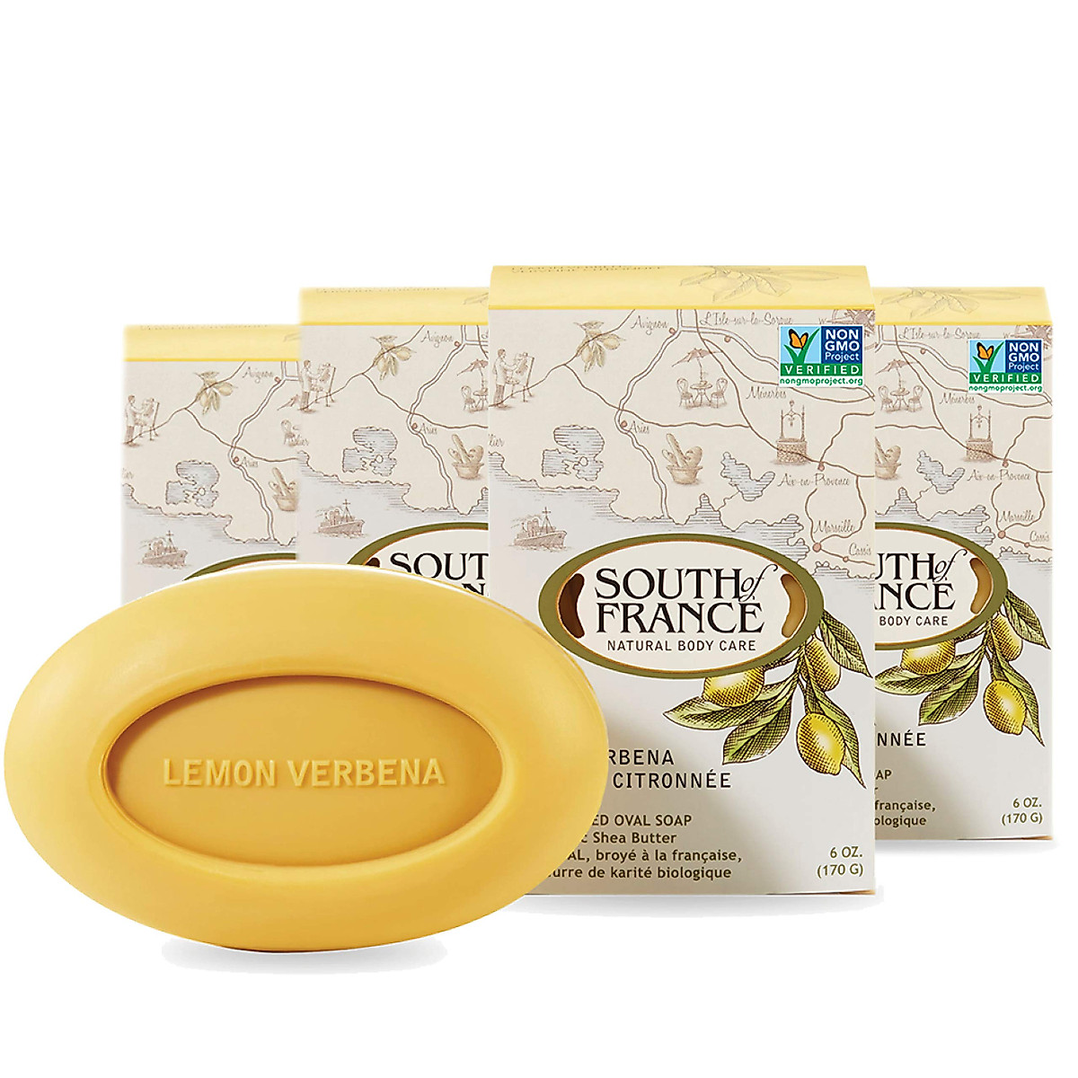 Lemon Verbena Clean Bar Soap by South of France Clean Body Care Triple-Milled French Soap with Organic Shea Butter + Essential Oils Vegan, Non-GMO Body Soap 6 oz Bar 4 Pack