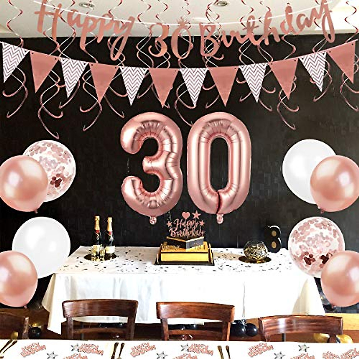MOVINPE 30th Rose Gold Birthday Decorations, 30th Happy Birthday Banner Pennant Flags 6pcs Hanging Swirl, Number 30 Foil Balloons 8pcs Latex Balloons Cake Toppers Table Confetti for Women