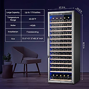 Wine Cooler Refrigerator, Velieta 179 Bottles Professional Wine Cellars with Powerful Compressor,Quiet Operation and Elegant Design for The Wine Enthusiast, silver, 23.5inches×27.2inchesx62.9inches