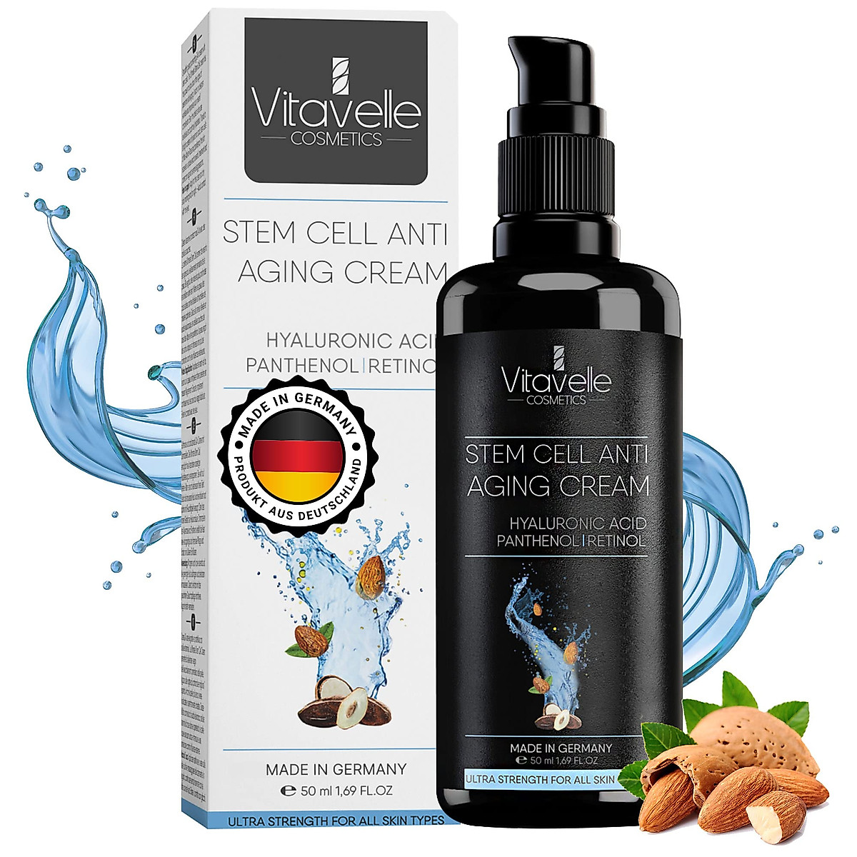 VITAVELLE Stem Cell Face Cream - Hyaluronic Acid, Shea Butter & Jojoba - Anti-Wrinkle, Hydrating Moisturizer for Smooth Skin