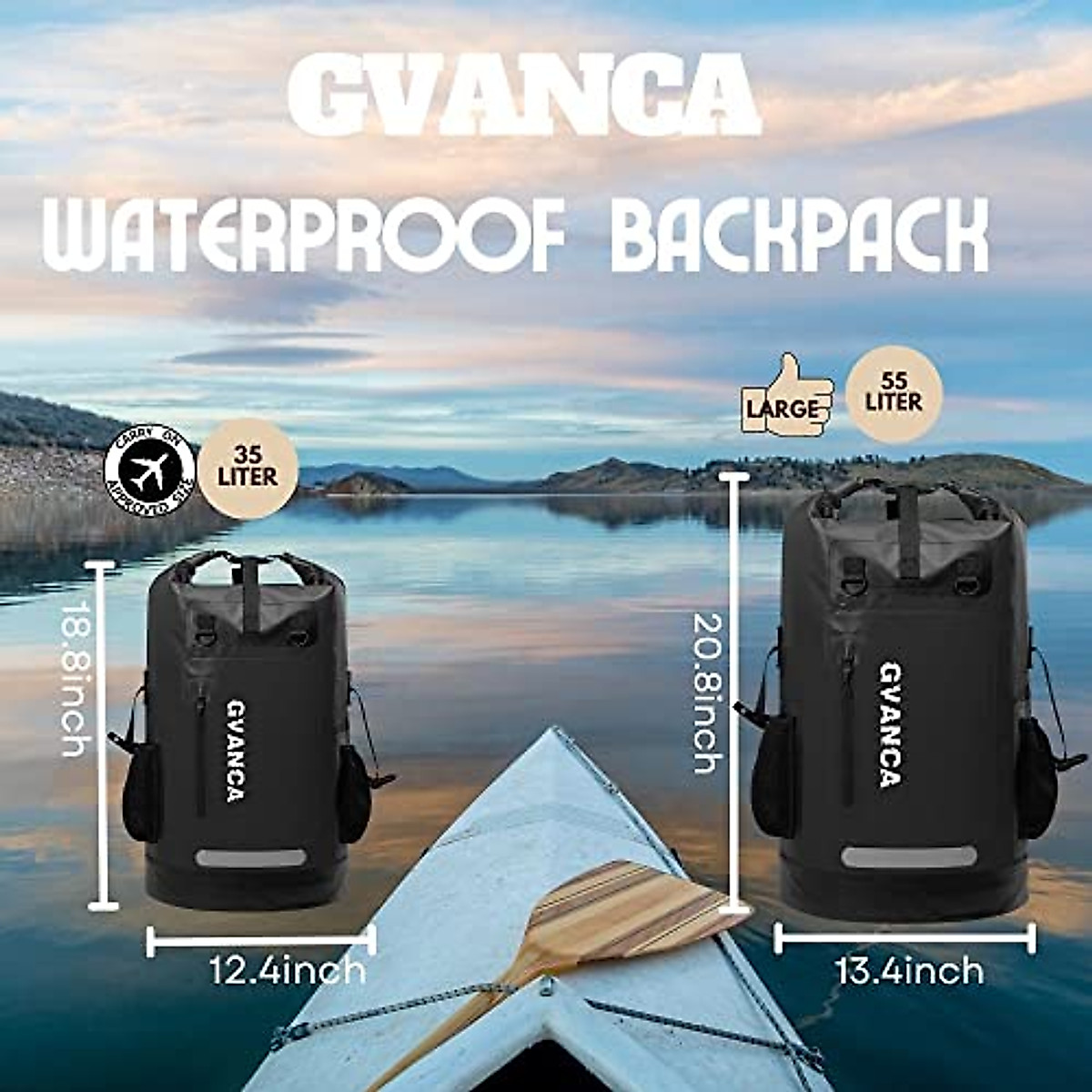 GVANCA Waterproof Dry Bag Backpack for Kayaking, Roll Top Kayak Dry Backpack, Floating Outdoor Dry Sack Boating Sailing Canoeing Rafting Fishing Camping 35L Black