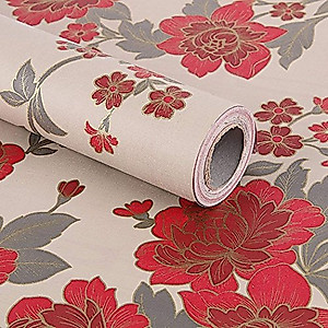 Red Vintage Floral Pattern Contact Paper Shelf Liner Self Adhesive for Cabinets Shelves Drawer Arts and Crafts Decal 17.7x78.7 Inches