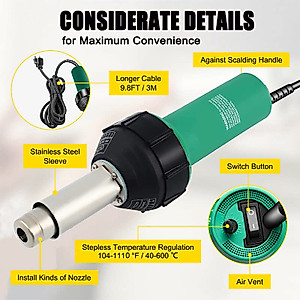 Iglobalbuy 110V 1600W Hot Air Plastic Welder Kit, Hot Air Vinyl PVC TPO Welding Heat Gun w/Nozzles Adjustable Temperature PVC Roofing Welder w/Carrying Case