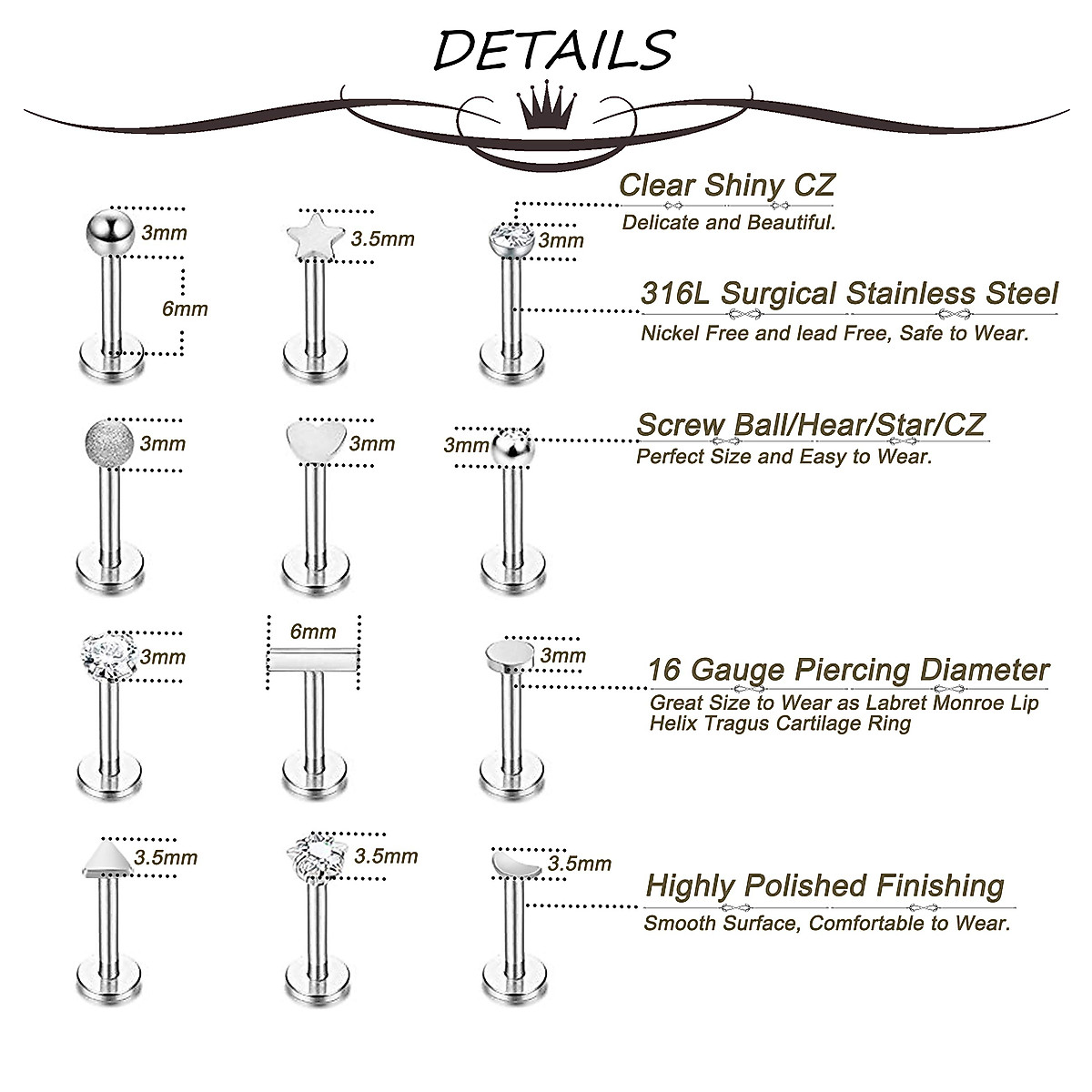 Masedy 24Pcs 16G 316L Stainless Steel Labret Monroe Lip Ring Studs CZ Cartilage Helix Tragus Piercing Studs 6MM